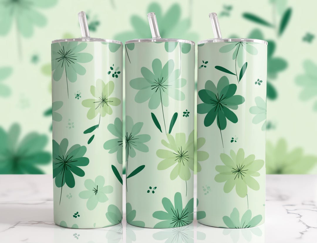 20 Oz Skinny Tumbler Wrap, Pastel Green Flowers, Floral, Straight ...