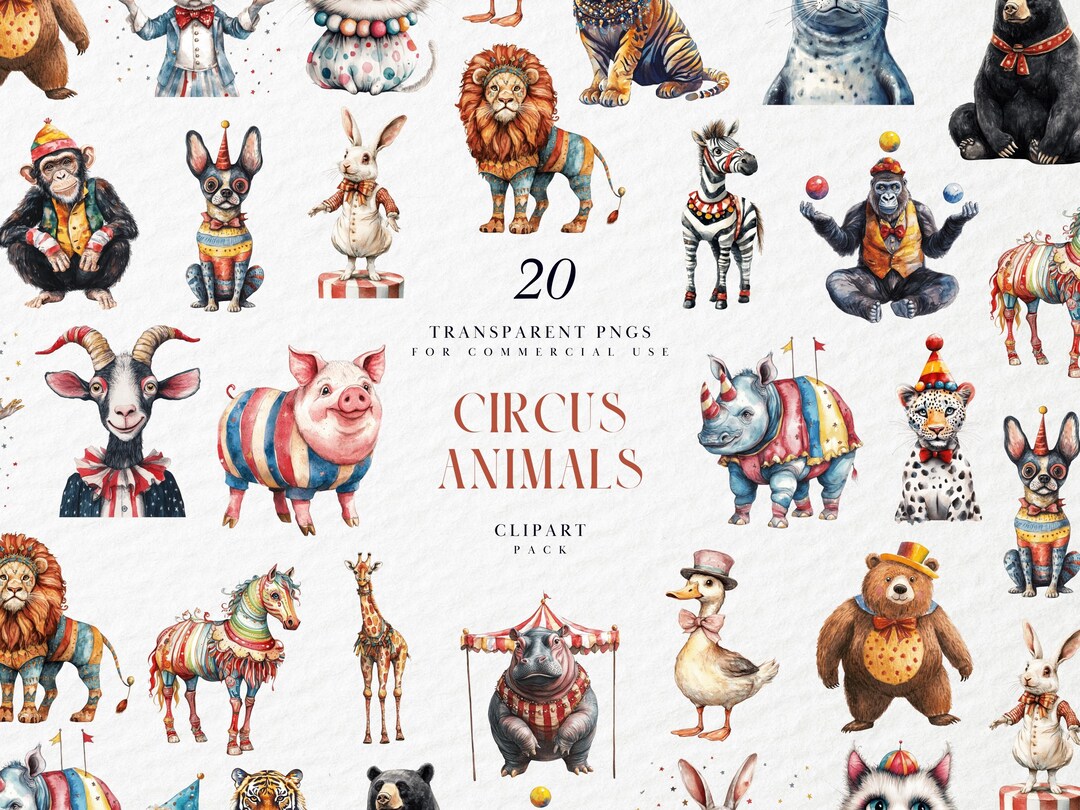 Watercolor Circus Animals Clipart, Colorful Nursery Decoration, Magical ...