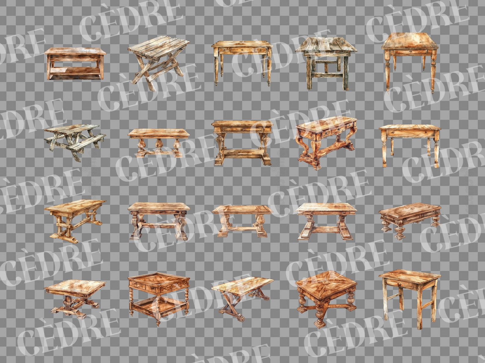 Watercolor Old Wood Table Clipart, Vintage Wooden Table Clipart, Picnic ...