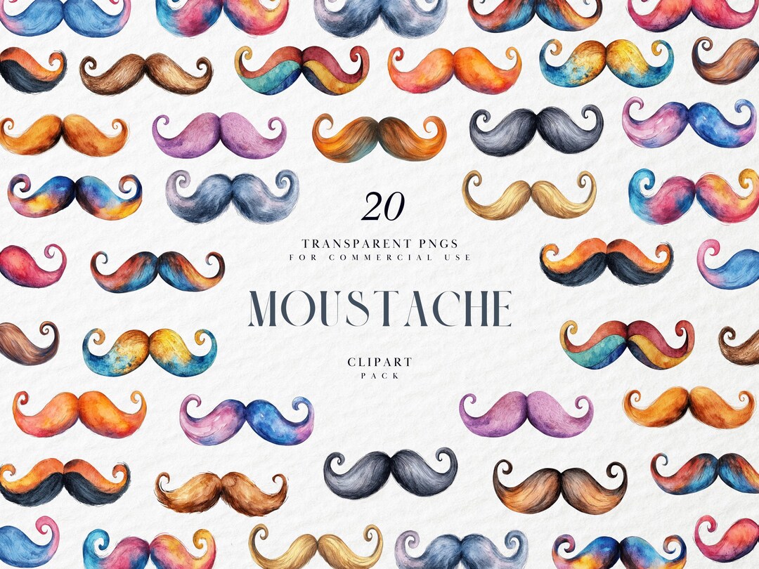 Watercolor Moustache Clipart, Cartoon Illustration, Facial Hair, Mens ...