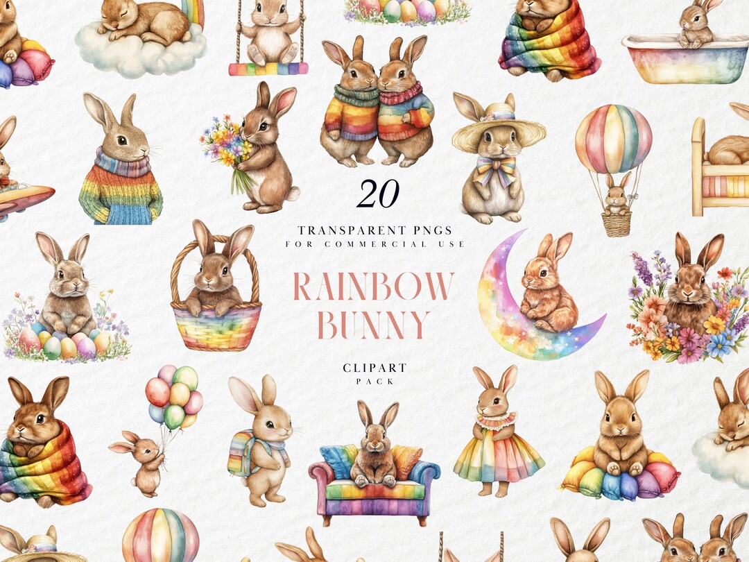 Watercolor Rainbow Bunny Clipart, Cute Easter Rabbit, Baby Shower Decor ...