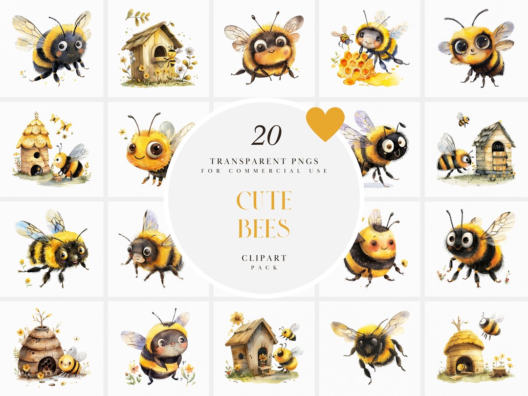Watercolor Cute Bees Clipart, Flying Bee, Black and Yellow, Cartoon Bee ...