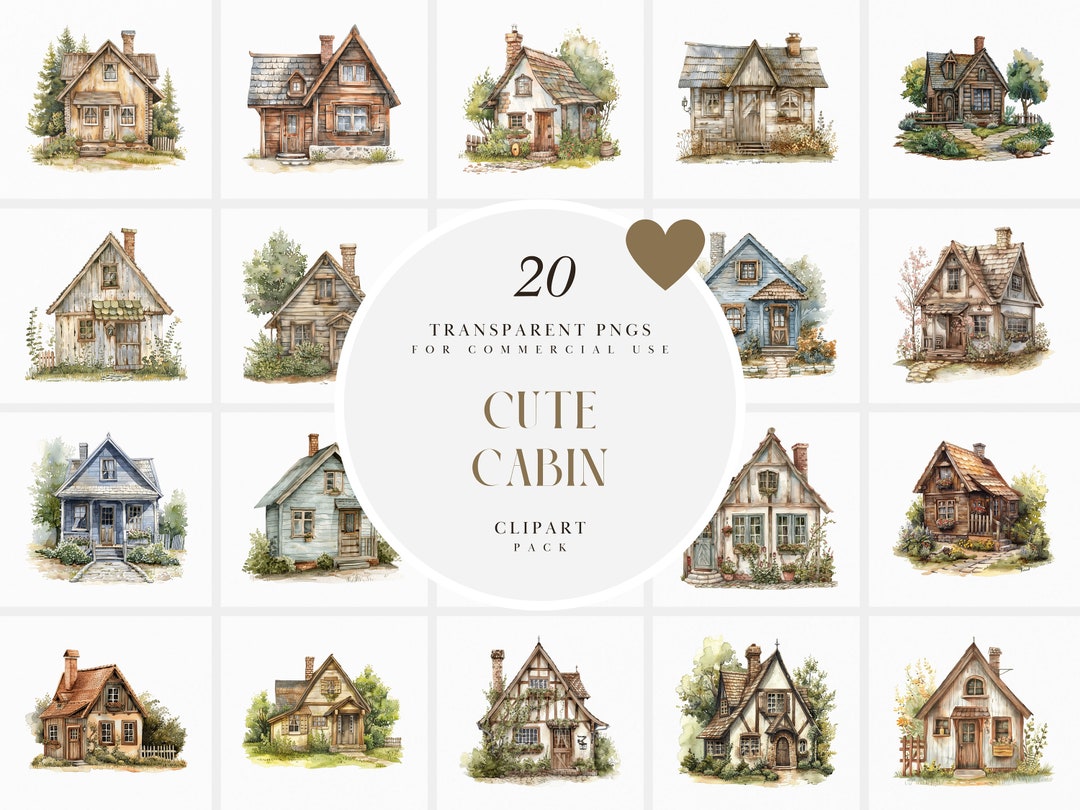 Watercolor Cute Cabin Clipart, Adorable Cartoon Cabins Clipart ...