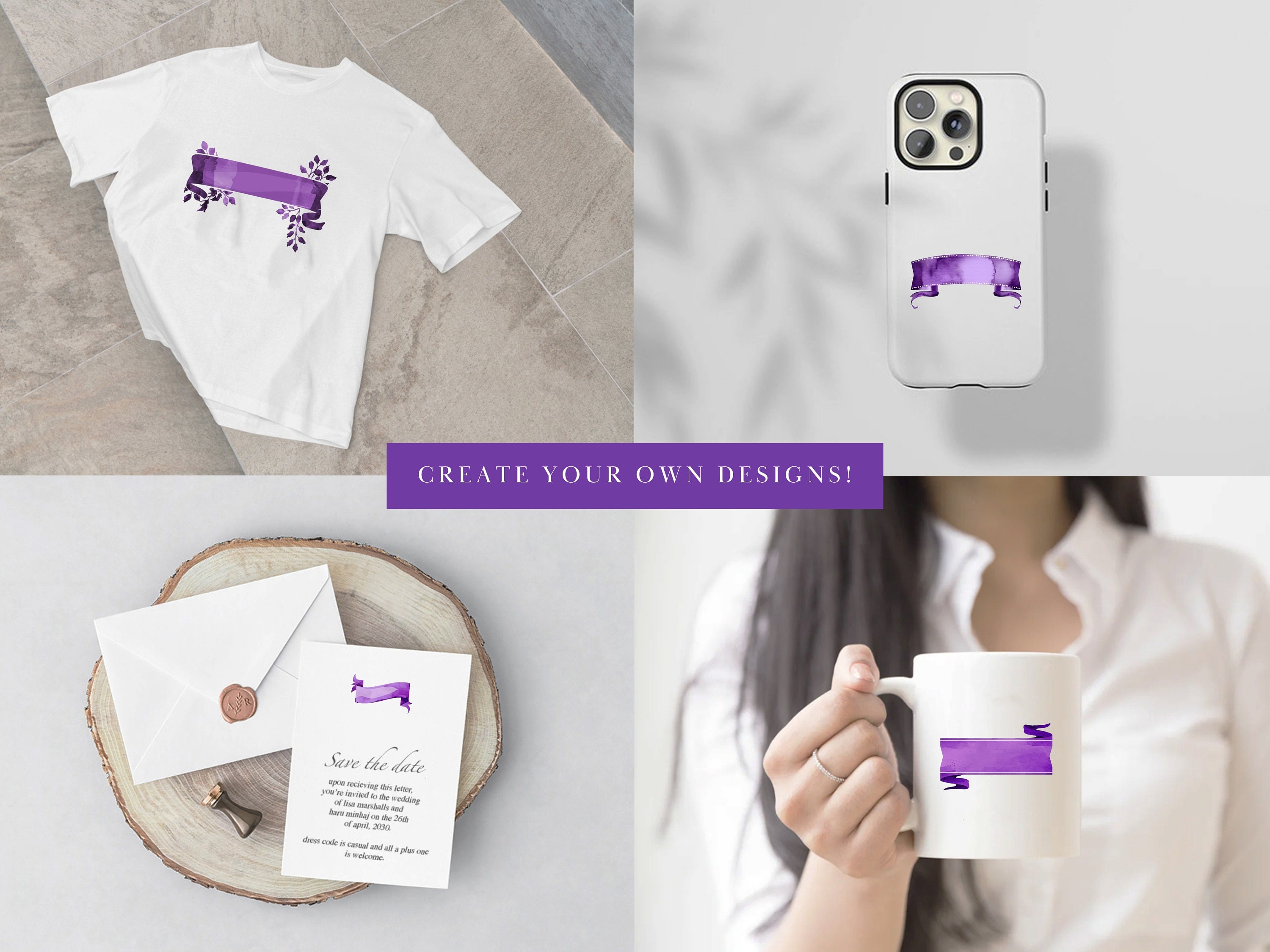 Watercolor Purple Scroll Banner Clipart, Purple Ribbon Banner Clipart ...