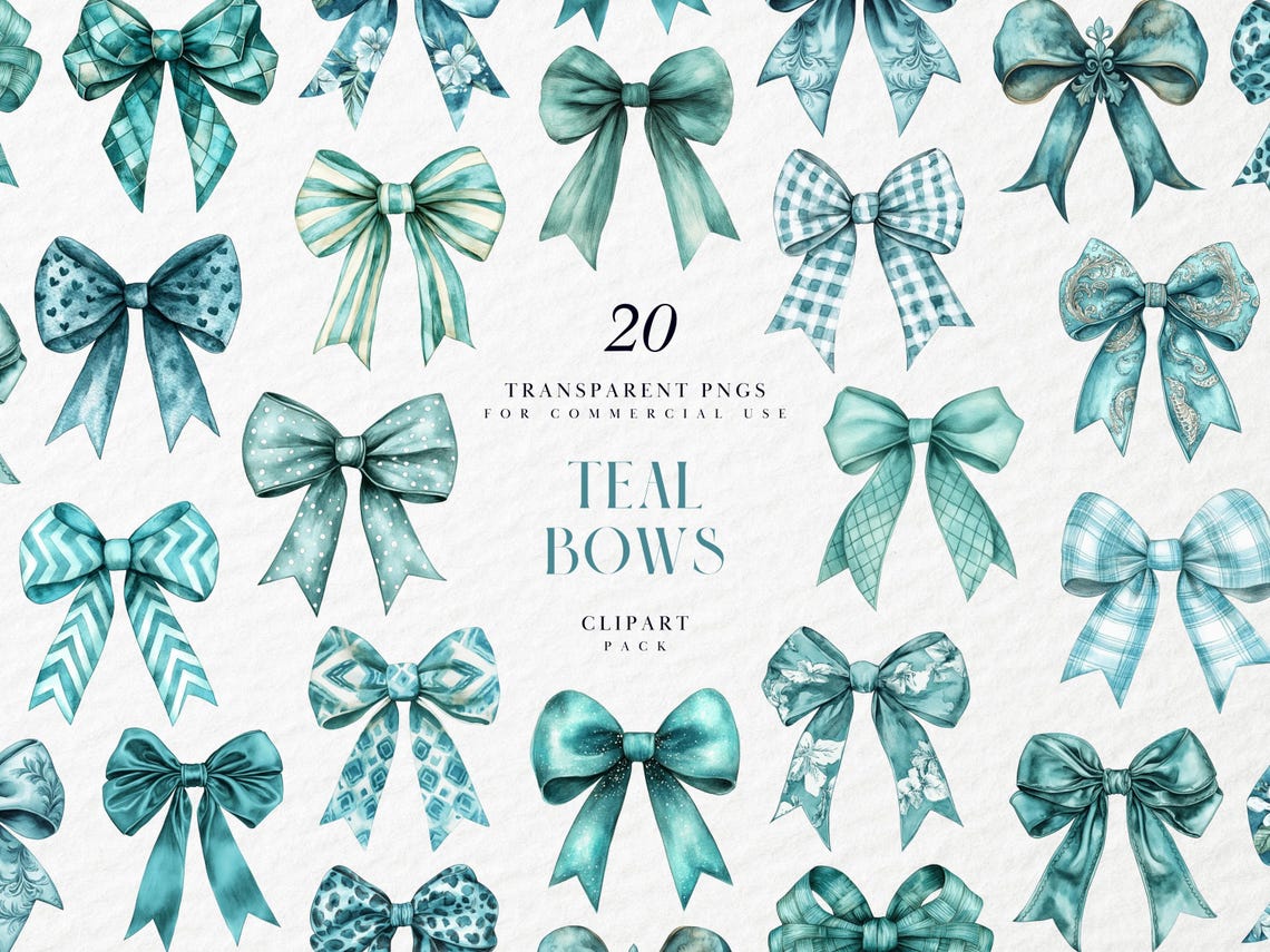 Watercolor Teal Bow Clipart, Teal Hair Bows Clipart, Teal Ribbon ...