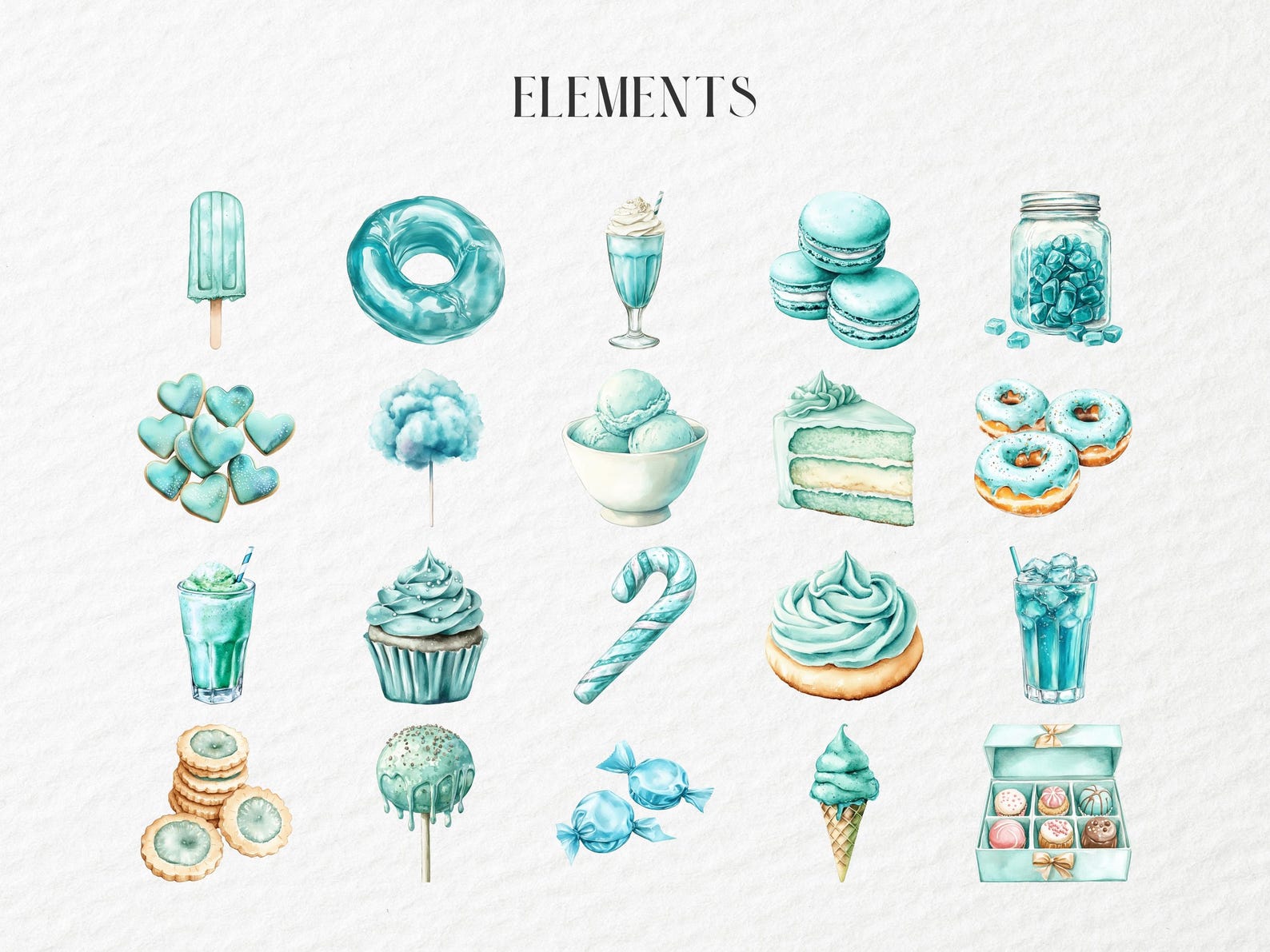 Watercolor Teal Sweets Clipart, Pastel Dessert Icons, Candy Treats for ...