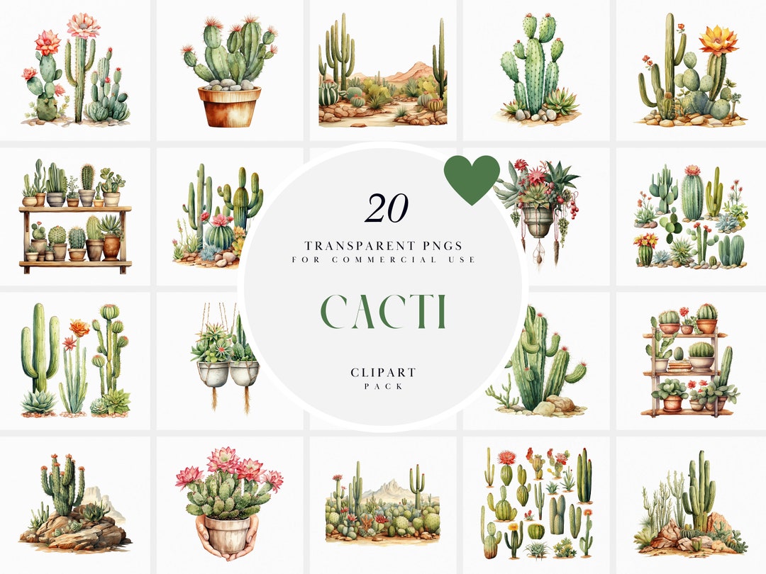 Watercolor Desert Cactus Clipart, Succulent Green Desert Cacti Clipart ...