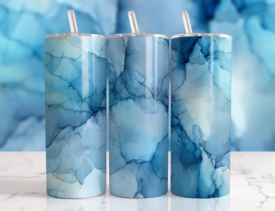 20 Oz Skinny Tumbler Wrap, Blue Alcohol Ink, Soft Marble Art, Straight ...
