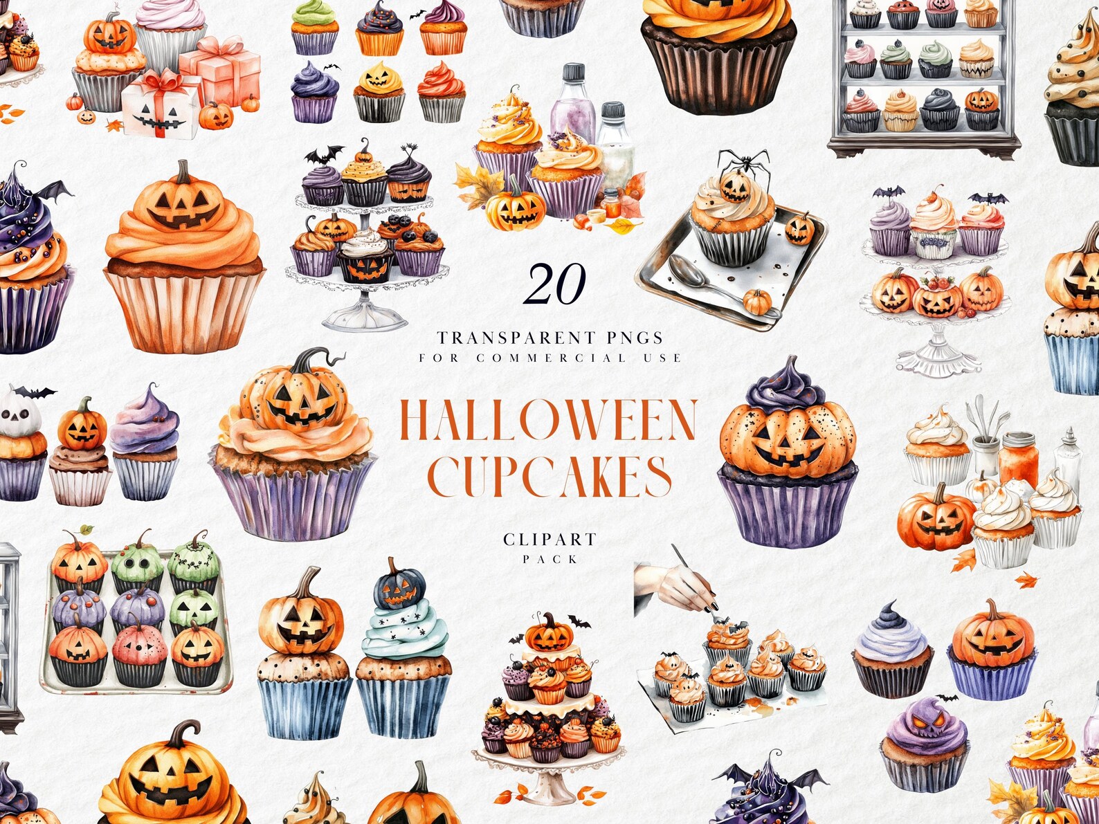 Watercolor Halloween Cupcakes Clipart, Halloween Cupcake Clipart, Trick ...