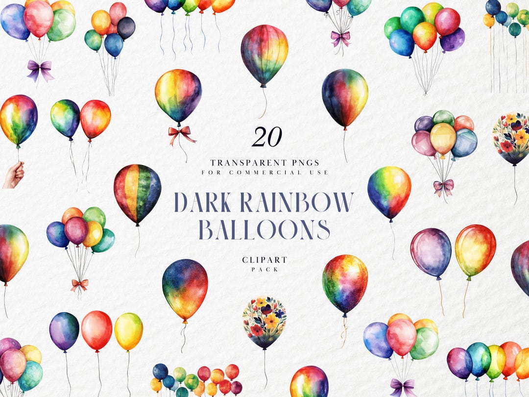 Watercolor Dark Rainbow Balloon Clipart, Colorful Balloons, Birthday ...