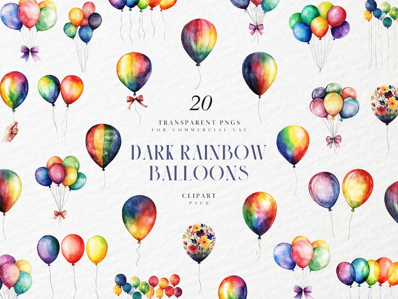 Watercolor Dark Rainbow Balloon Clipart, Colorful Balloons, Birthday ...