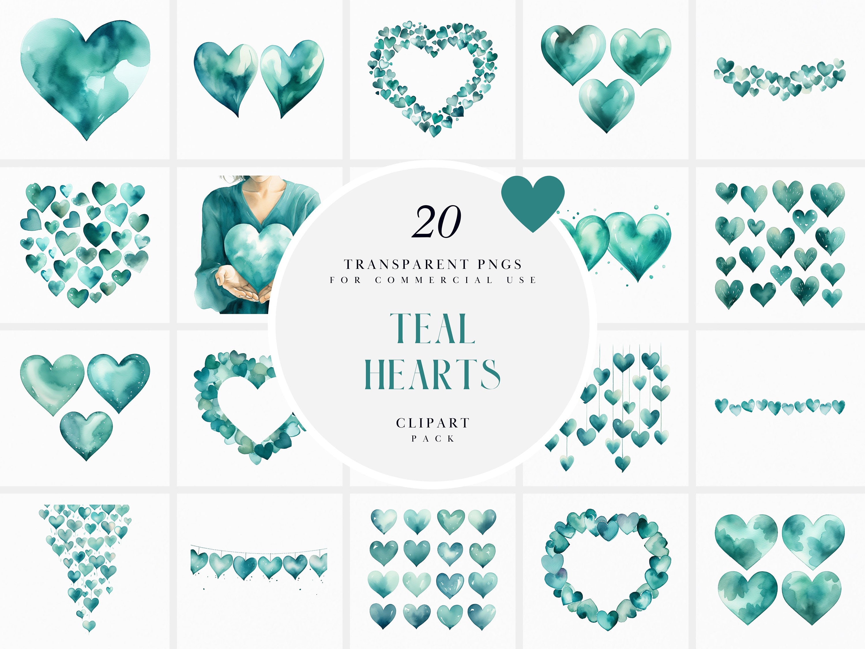 Watercolor Teal Hearts Clipart, Teal Heart Clipart, Heart Shape Clipart ...