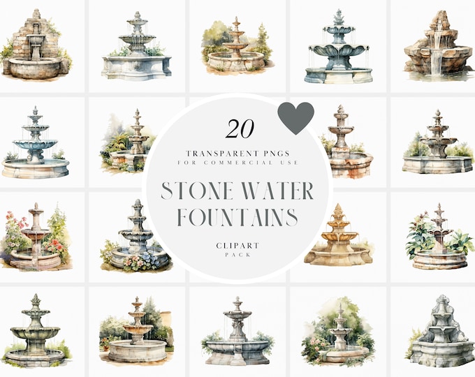 10 Garden Fountain Watercolor Clipart Graphics - Printable PNG Files ...