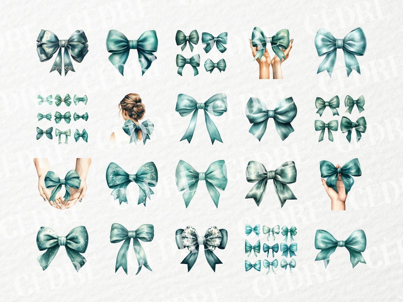Watercolor Teal Bow Clipart, Teal Hair Bows Clipart, Teal Ribbon ...