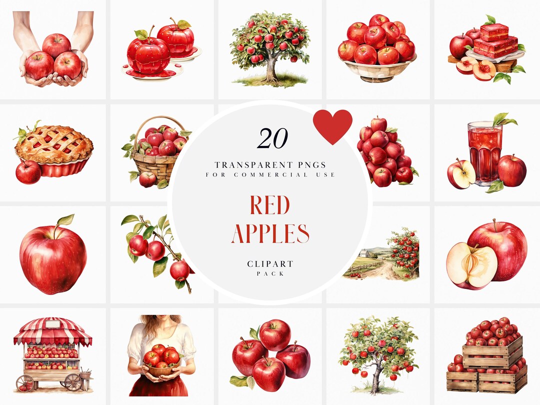 Watercolor Red Apples Clipart, Delicious Red Apple Clipart, Botanical ...