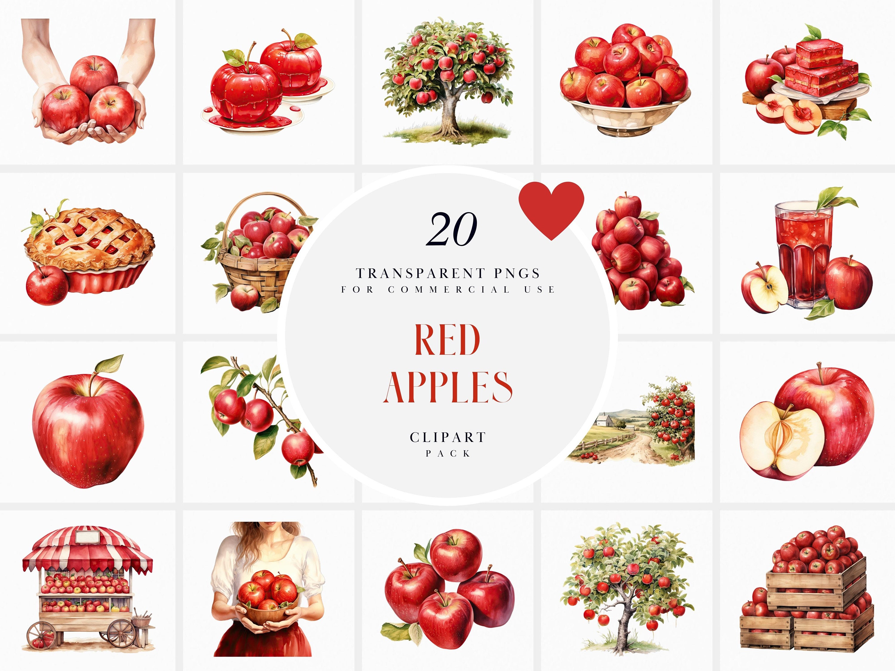 Watercolor Red Apples Clipart, Delicious Red Apple Clipart, Botanical ...