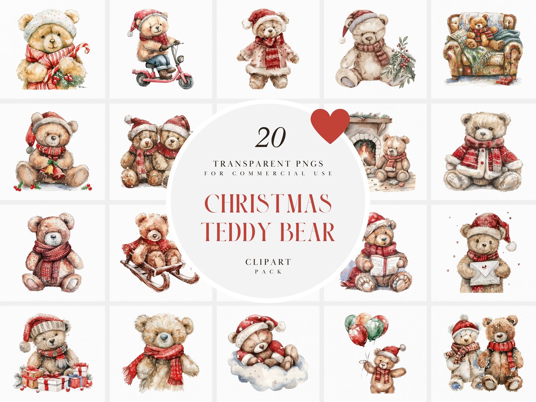 Watercolor Vintage Christmas Teddy Bears Clipart, Red Christmas Teddy ...