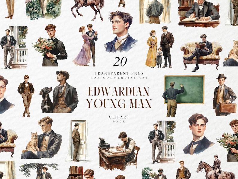 Watercolor Edwardian Young Man Clipart, Vintage 1900s Gentleman ...