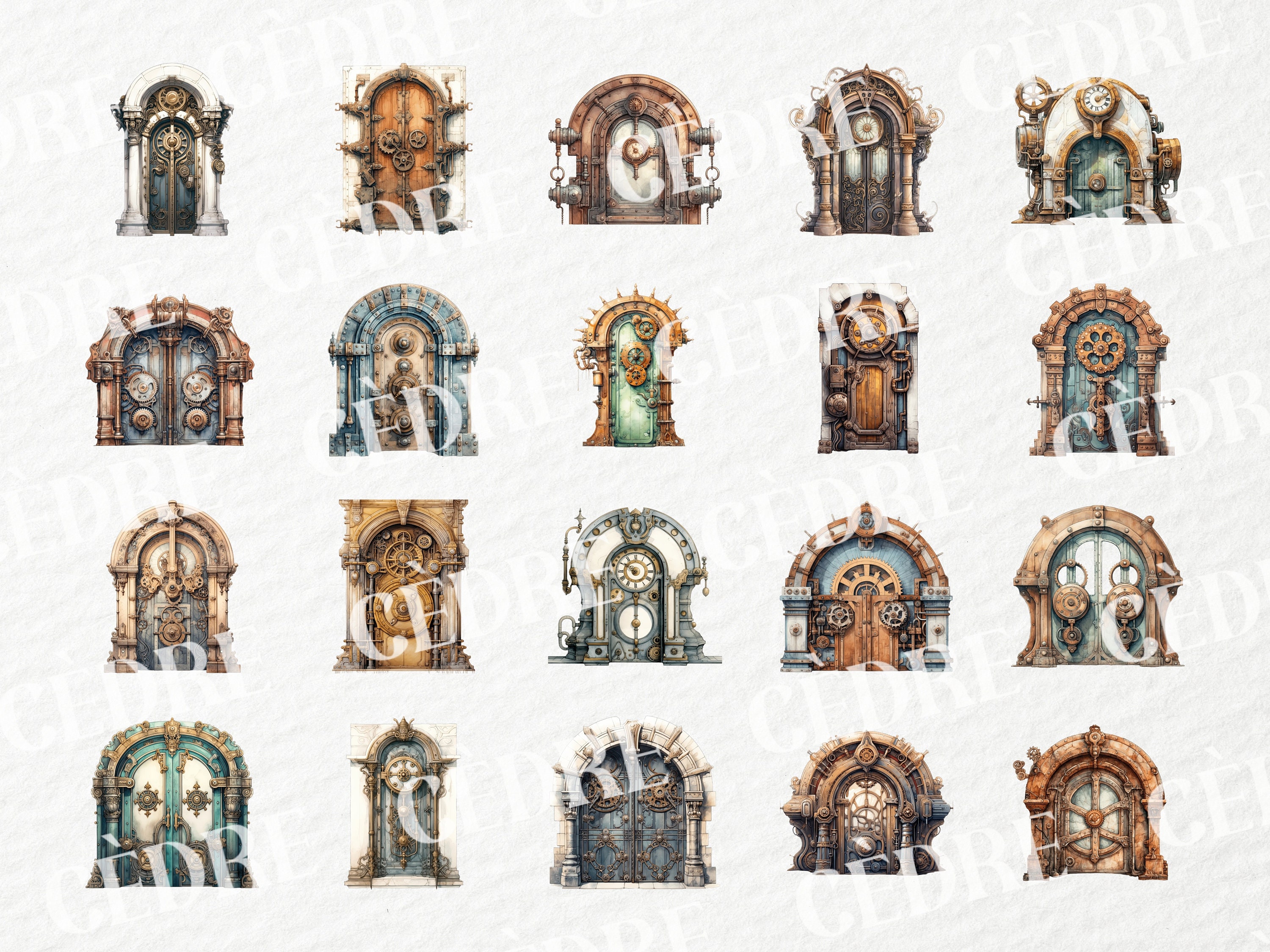 Watercolor Steampunk Door Clipart, Futuristic Steampunk Doors Clipart ...