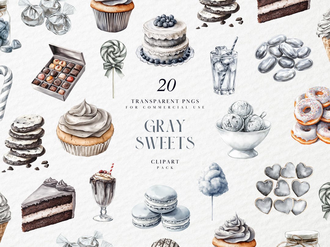 Watercolor Gray Sweets Clipart, Assorted Dessert Theme, Cookies, Ice ...