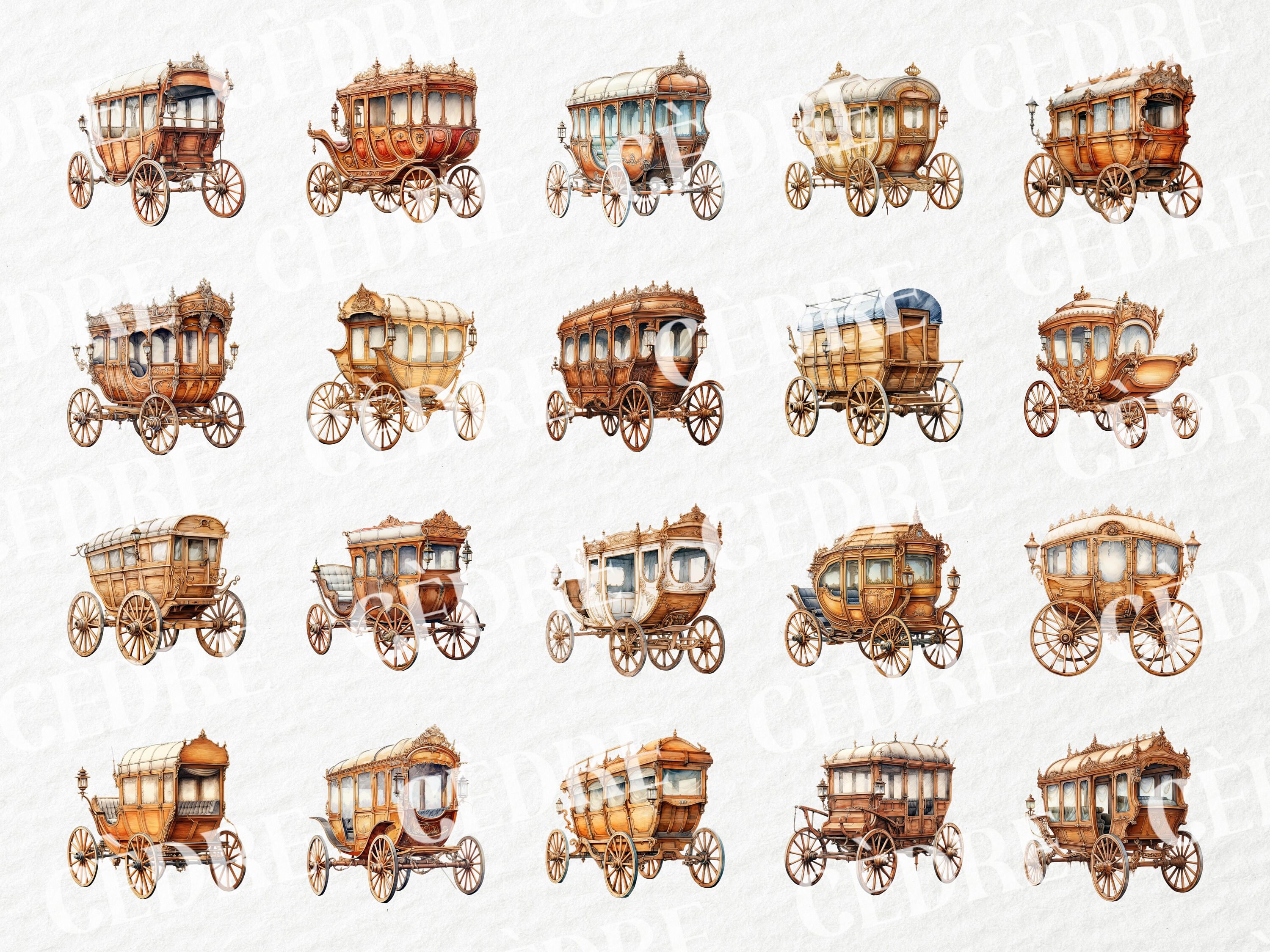 Watercolor Wooden Carriage Clipart, Wood Carriages Clipart, Old Rustic ...