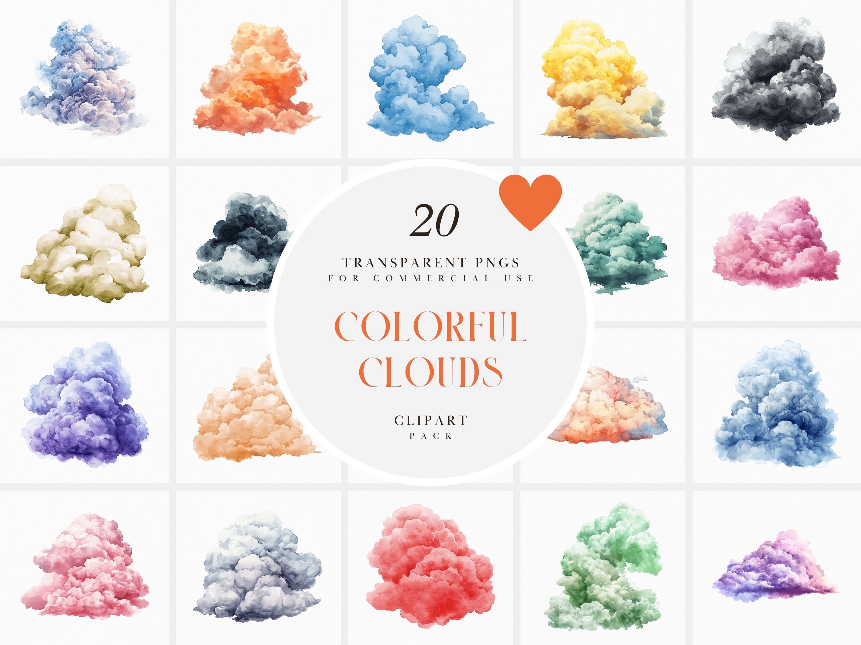 Watercolor Pastel Clouds Clipart, Colorful Fluffy Clouds Clipart ...
