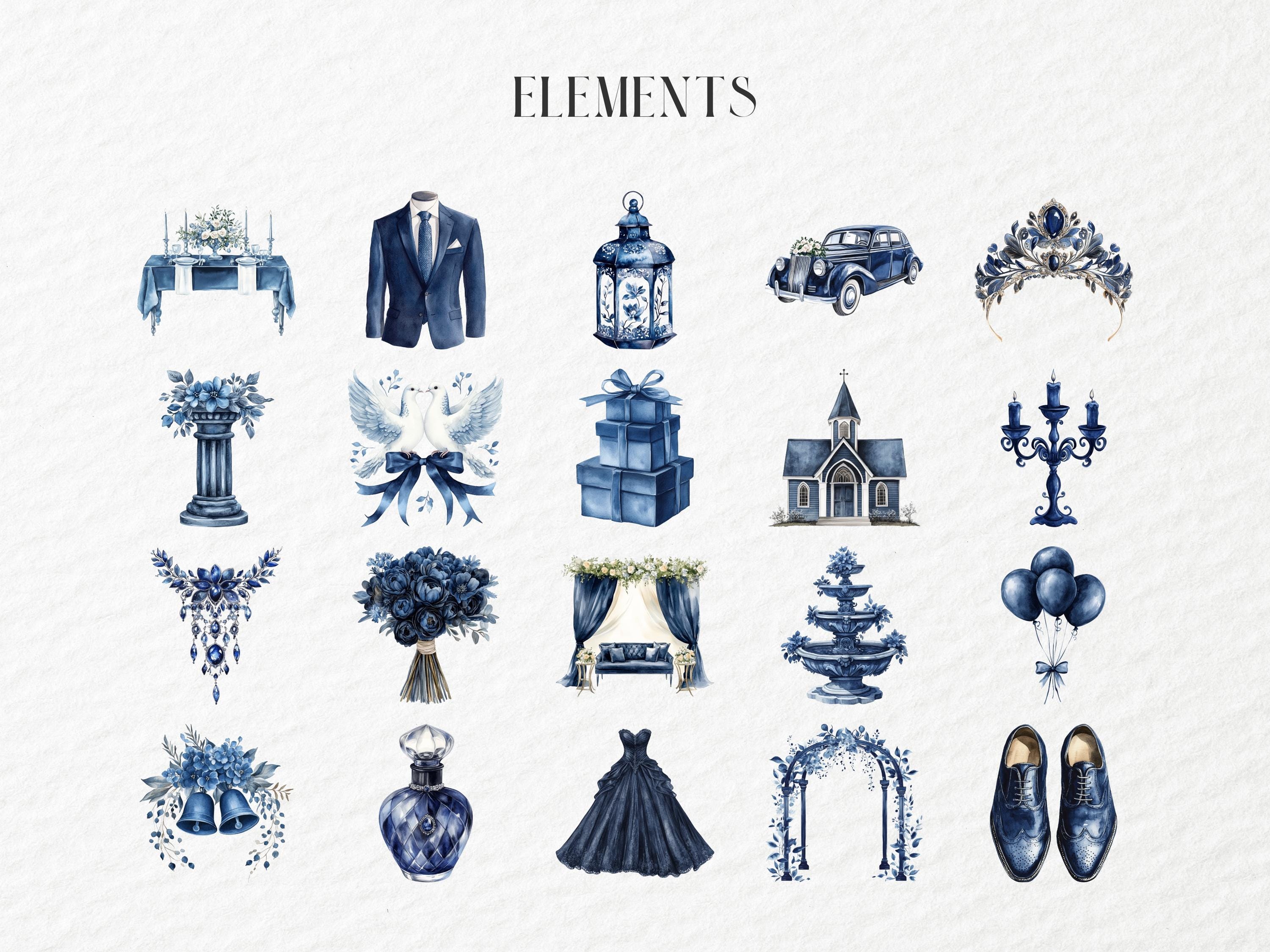 Watercolor Dark Blue Wedding Clipart, Calm Bridal Graphics, Elegant ...