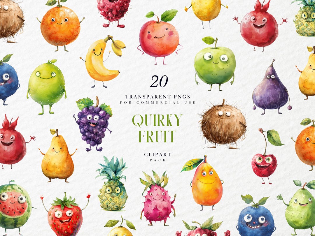 Watercolor Quirky Fruit Clipart, Funny Whimsical Fruits Characters ...