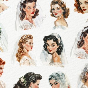 Watercolor Retro Bride Portrait Clipart, Close up Pin up Vintage Bride ...