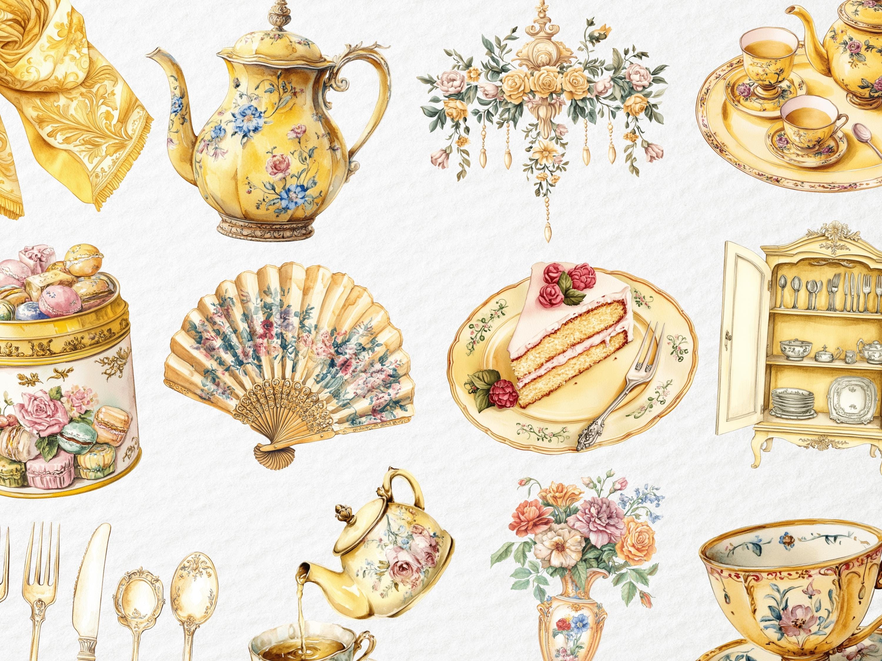 Watercolor Yellow Tea Party Clipart, Vintage Floral Teacups & Cake ...