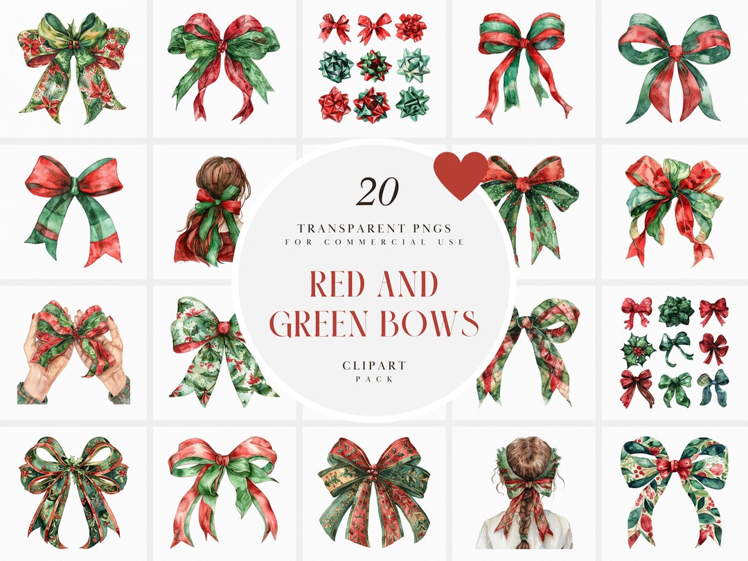 Watercolor Red and Green Bow Clipart, Christmas Bows Clipart, Xmas ...