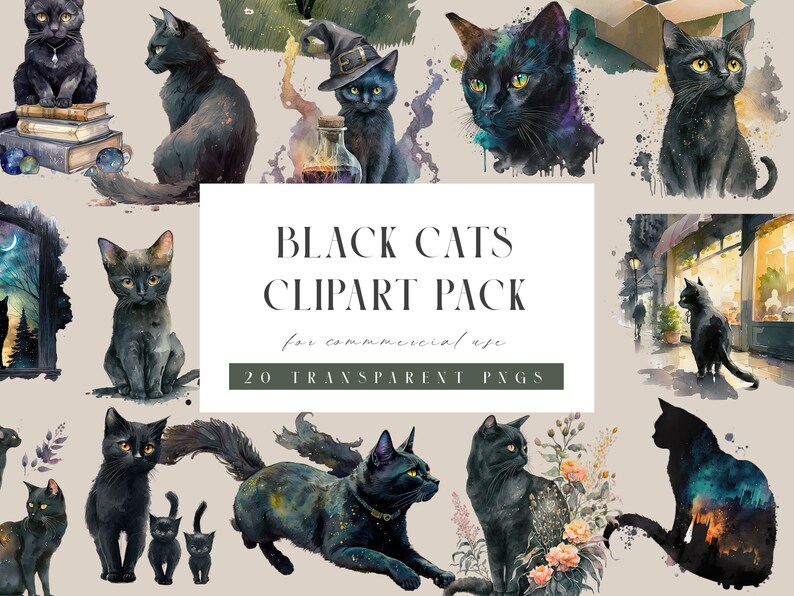 Watercolor Black Cats Clipart Cute Kitten Clip Art Celestial - Etsy