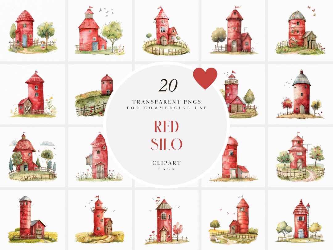 Watercolor Cute Red Silo Clipart, Cartoon Red Silo With Doors, Farm ...
