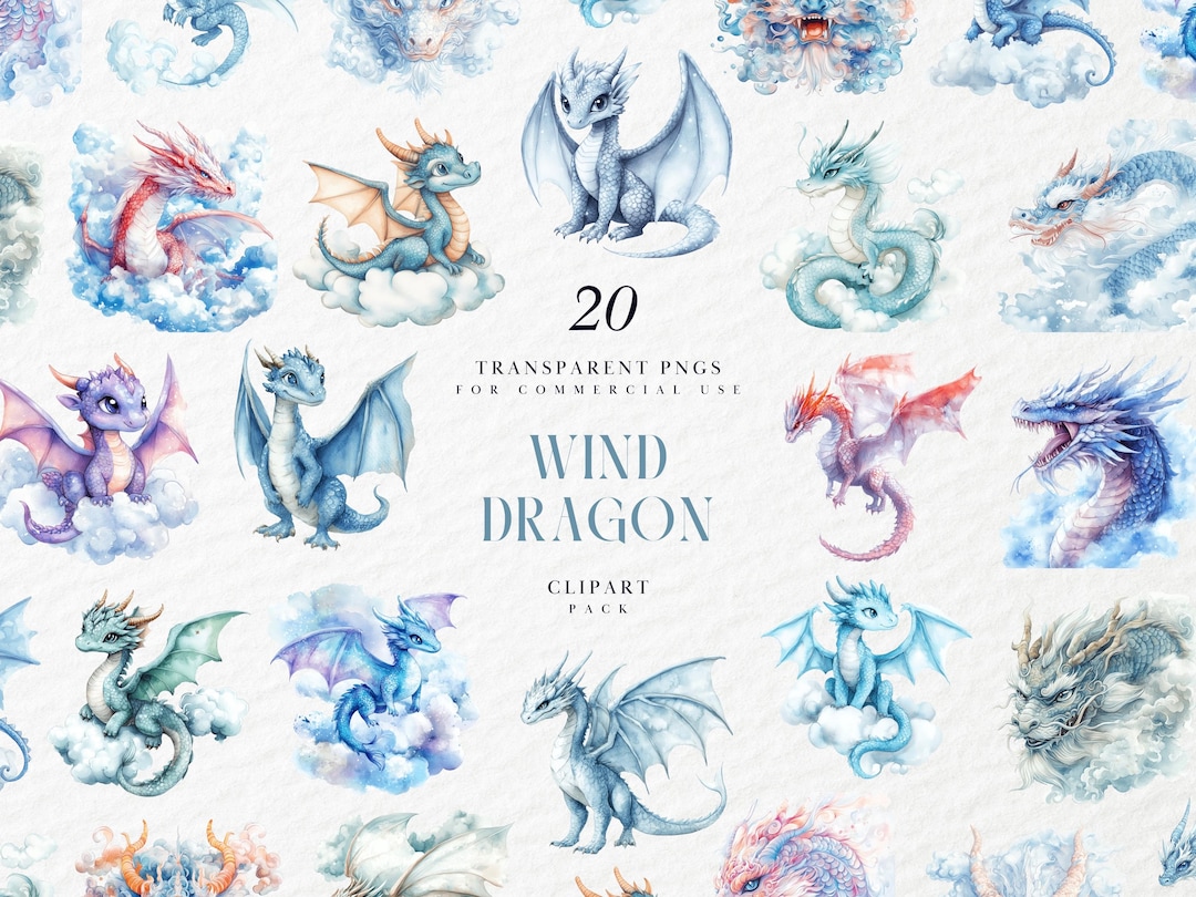 Watercolor Wind Dragon Clipart, Elemental Sky Serpent, Fantasy Flying ...