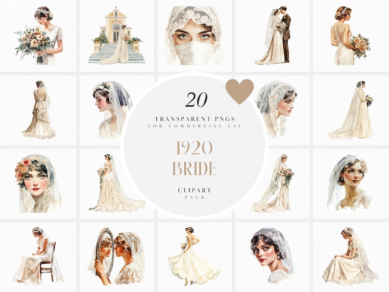 Watercolor 1920s Bride Clipart, Flapper 20s Retro Vintage Bride, White ...