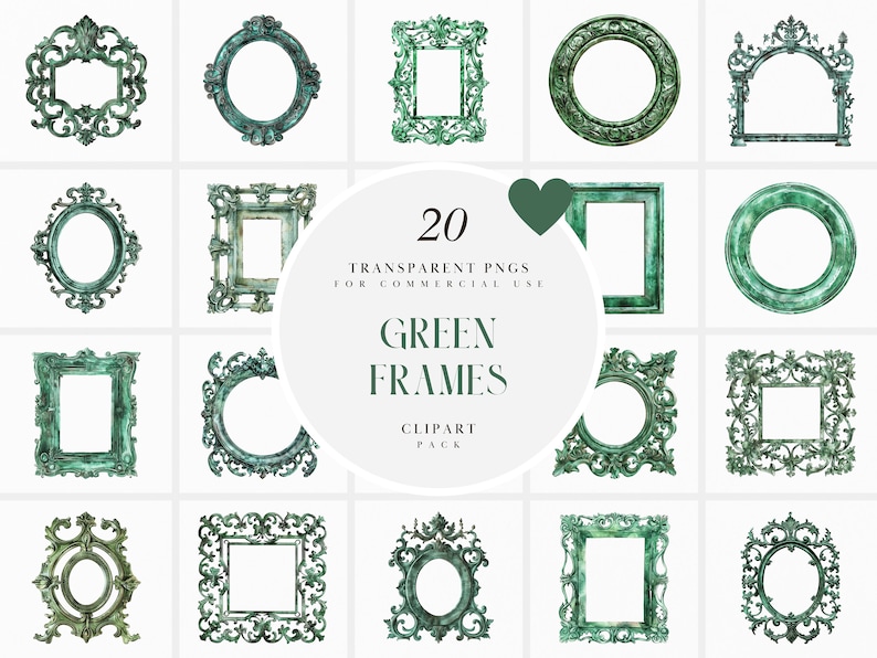 Watercolor Green Frames Clipart, Antique Ornamental Corner Border ...