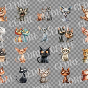 Watercolor Quirky Cats Clipart, Cute Funny Cats Clipart, Whimsical ...