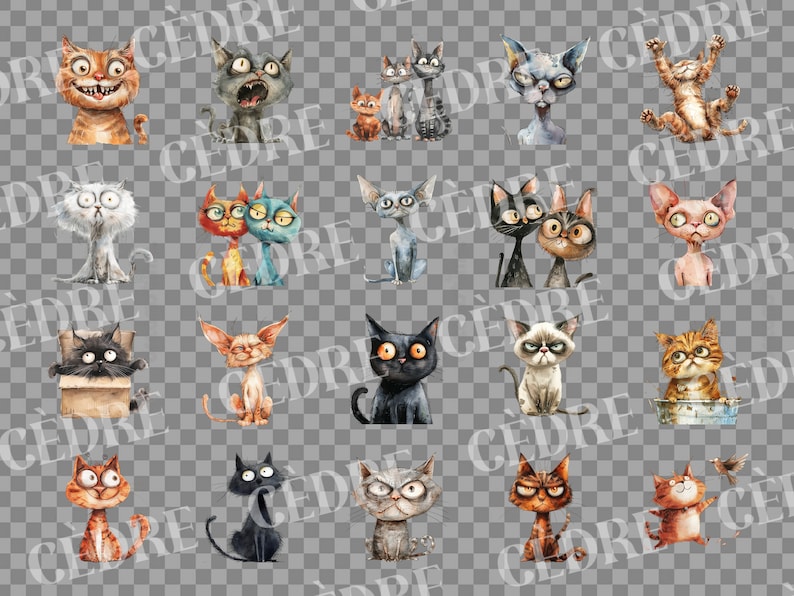 Watercolor Quirky Cats Clipart, Cute Funny Cats Clipart, Whimsical ...