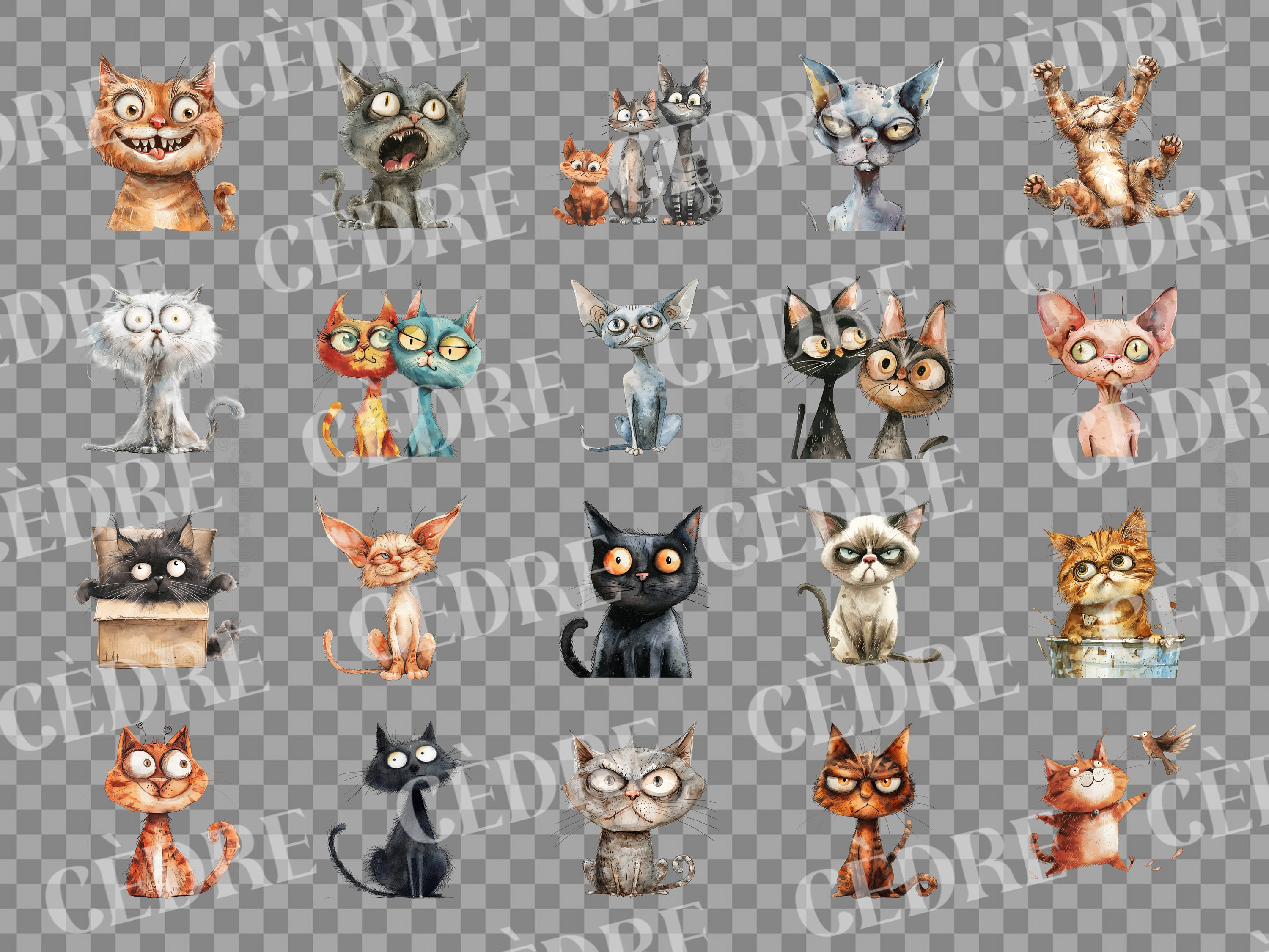 Watercolor Quirky Cats Clipart, Cute Funny Cats Clipart, Whimsical ...