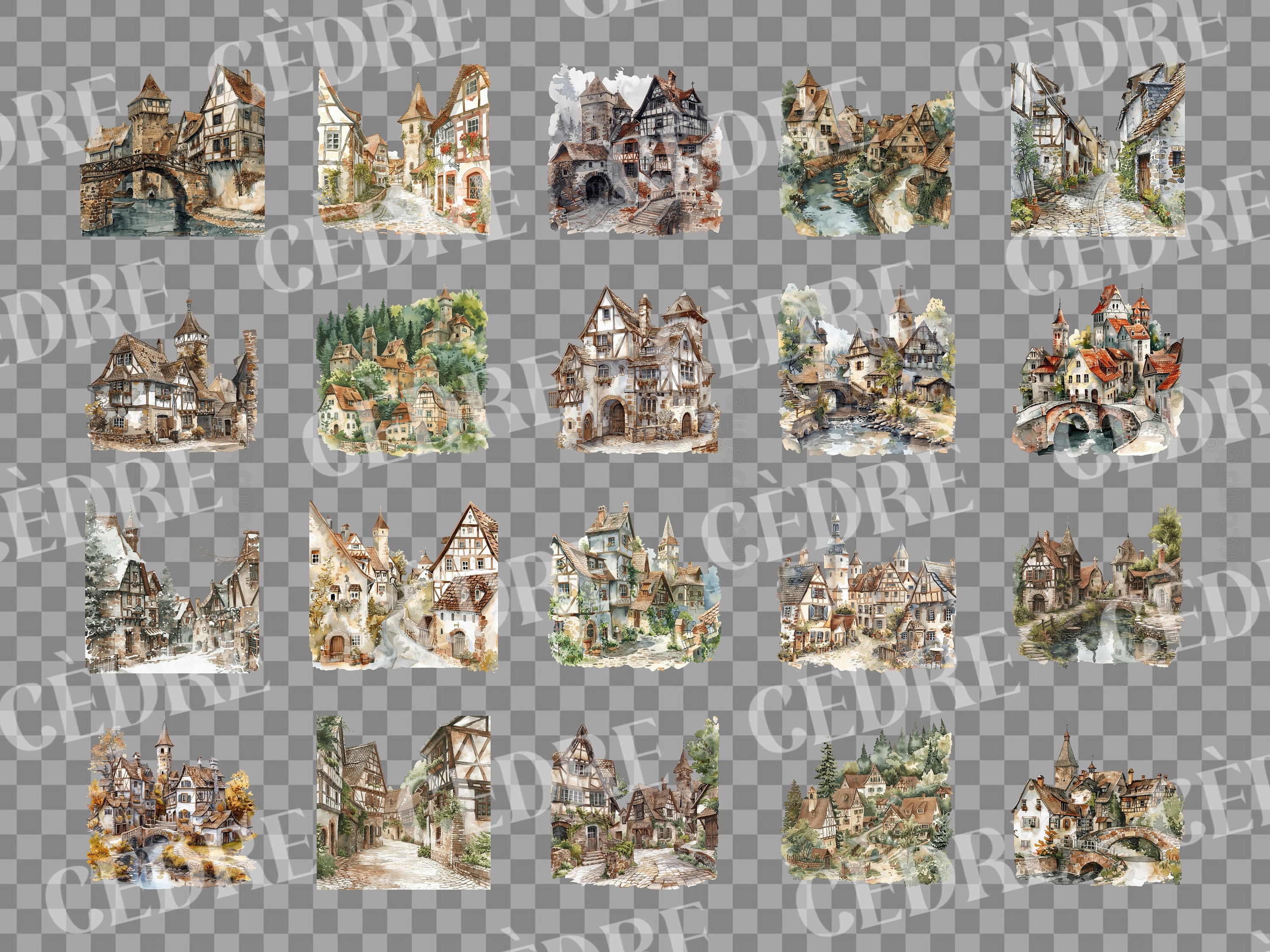 Watercolor Medieval Town Clipart, European Towns Clipart, Middle Ages ...