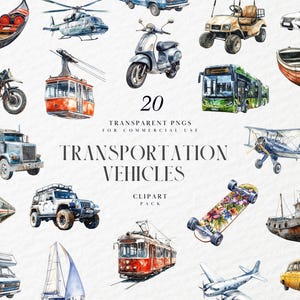 Watercolor Transportation Vehicles Clipart, Cars Trucks Train Bus, Kids ...
