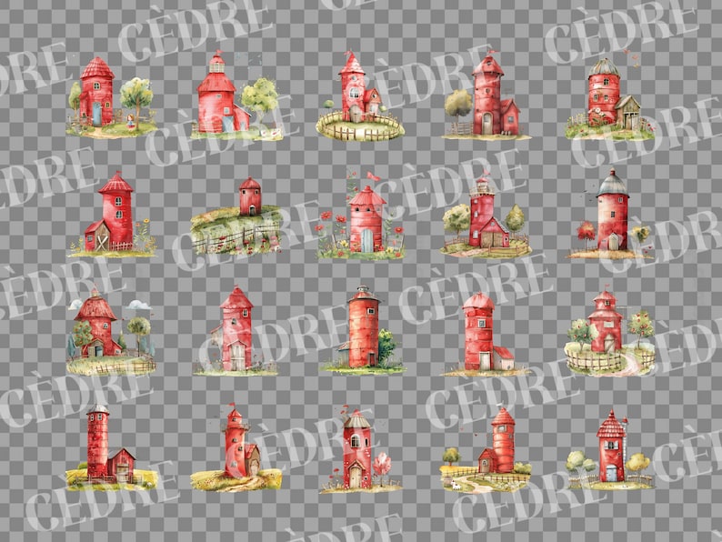 Watercolor Cute Red Silo Clipart, Cartoon Red Silo With Doors, Farm ...