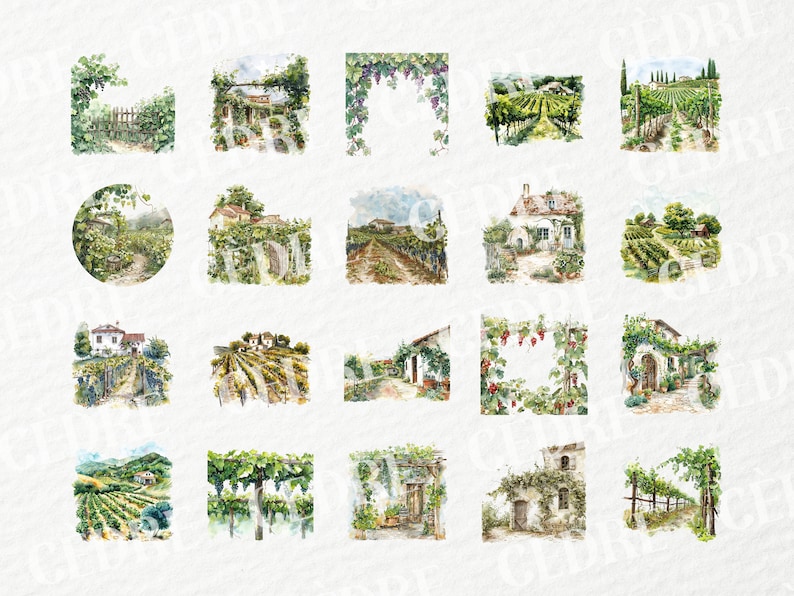 Watercolor Vineyard Clipart, Wine Fields and Landscapes Clipart, Vine ...