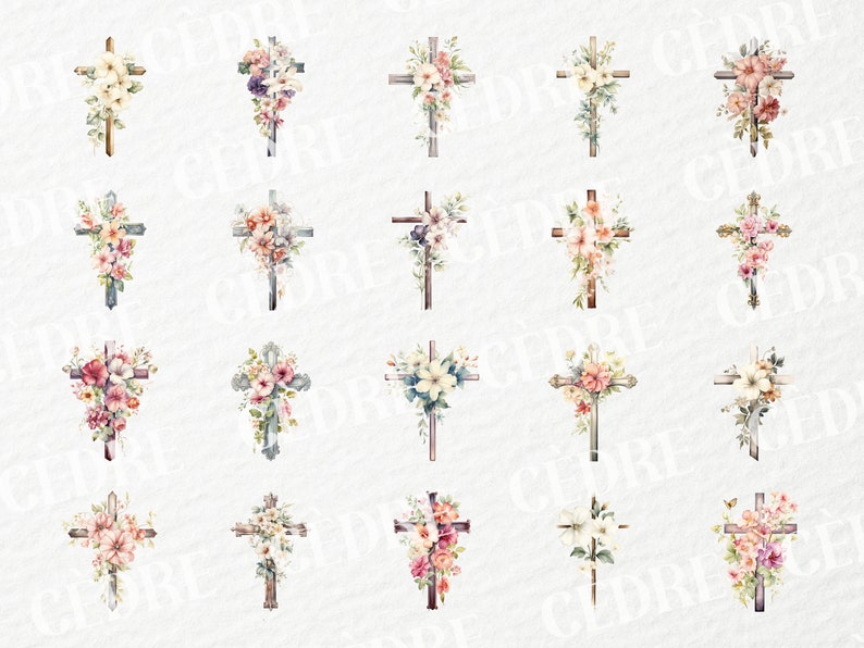Watercolor Floral Cross Clipart, Floral Crosses Clipart, Baptism Cross ...