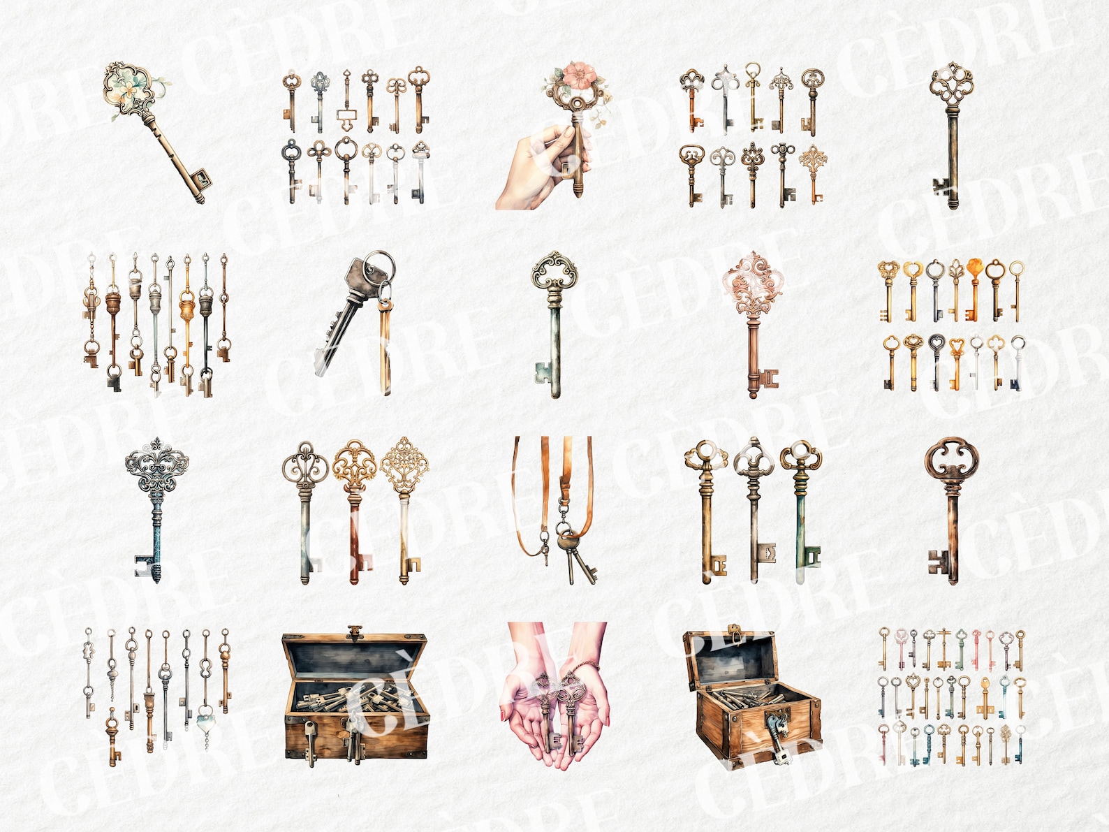 Watercolor Victorian Keys Clipart, Vintage Key Clipart, Medieval ...