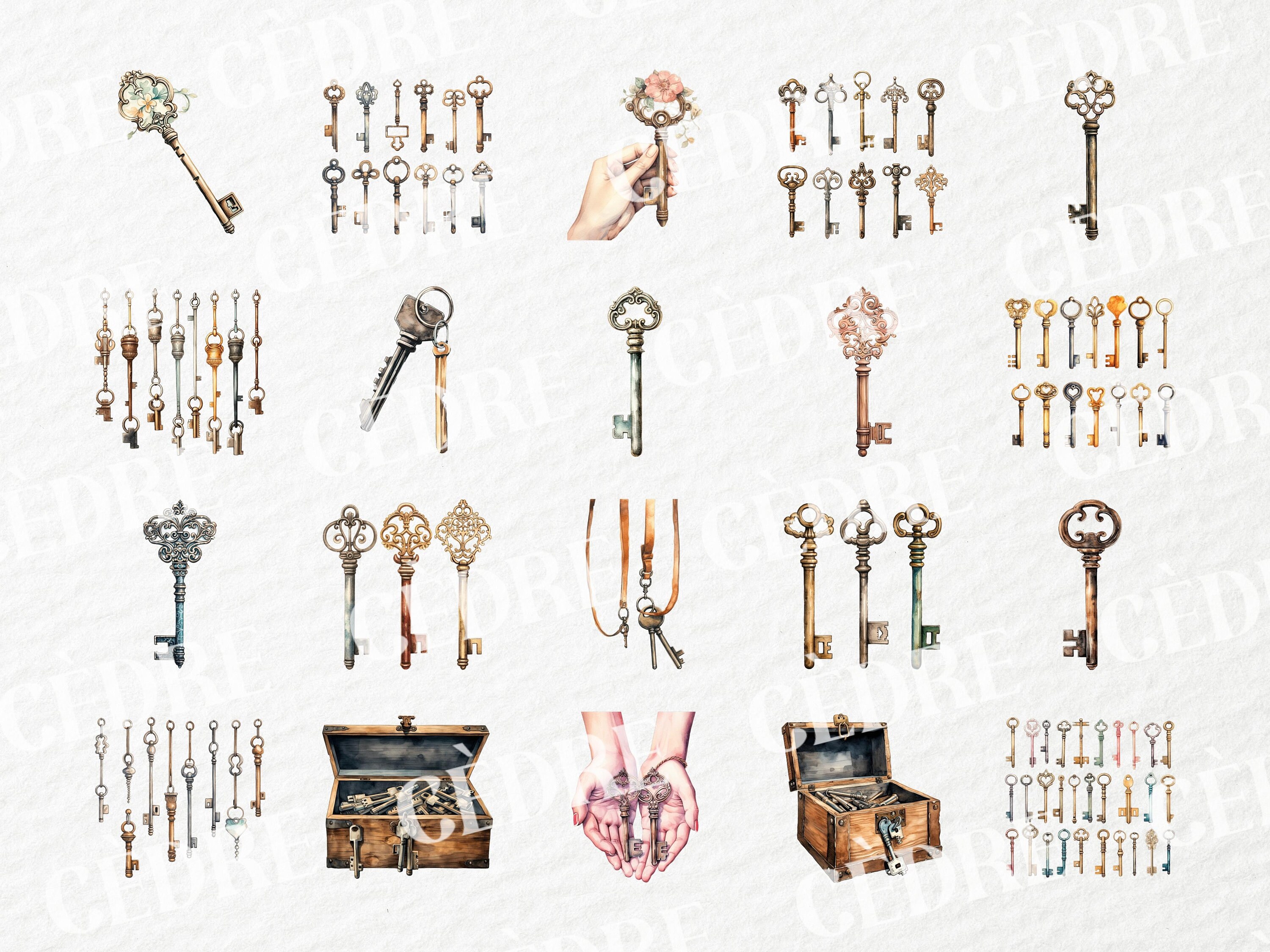 Watercolor Victorian Keys Clipart, Vintage Key Clipart, Medieval ...