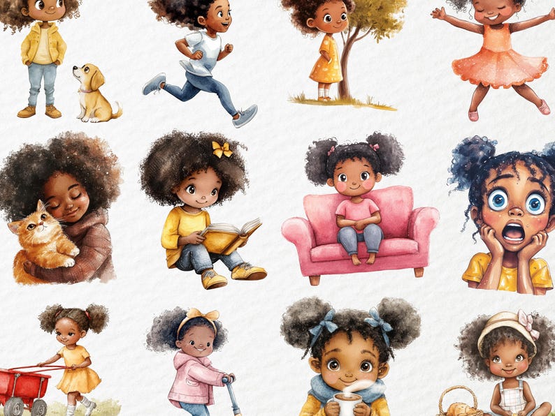 Watercolor Little Black Girl Clipart, Adorable Afro American Kids, Back ...