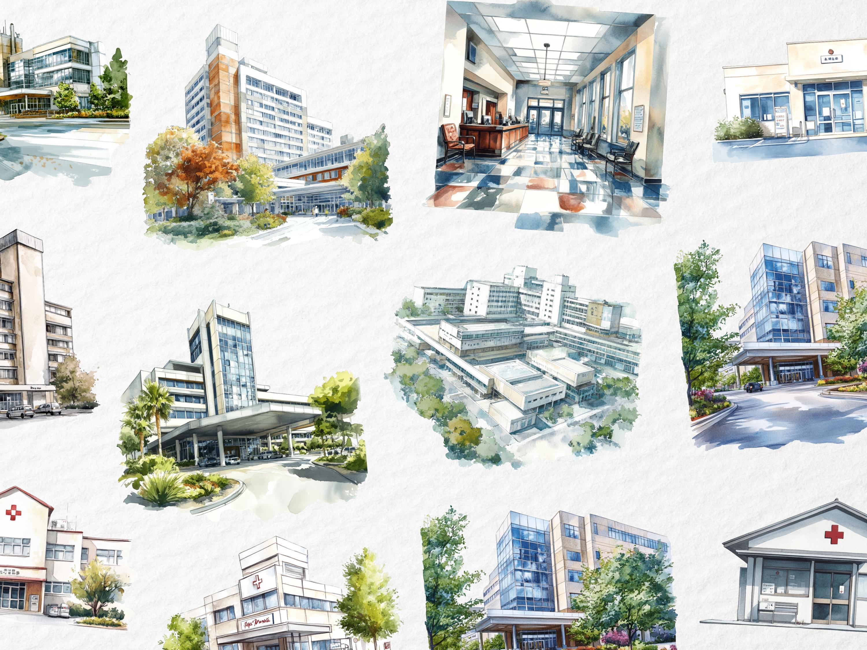 Watercolor Hospital Clipart, Modern Hospital Building, Medical Center ...