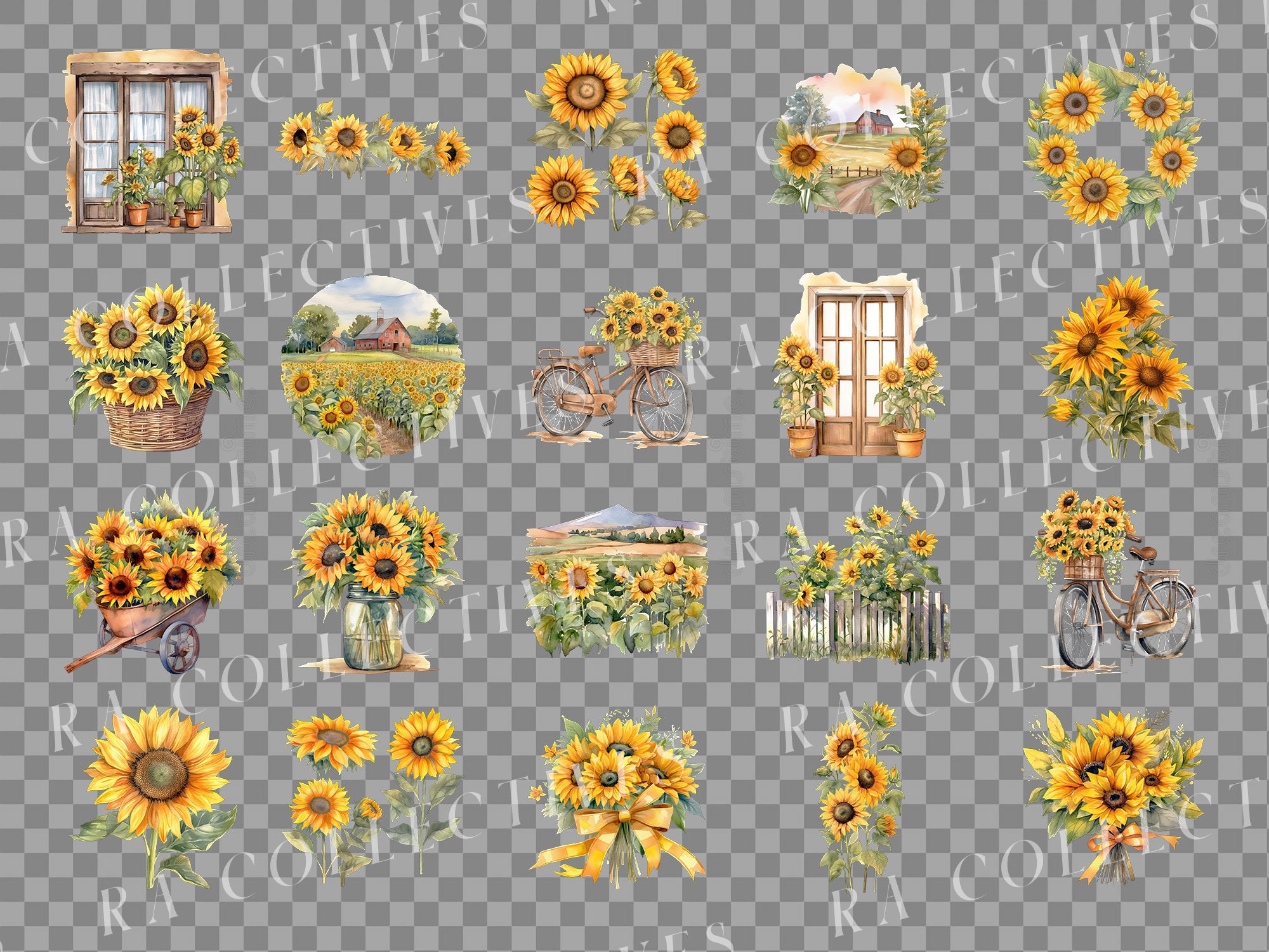Watercolor Sunflowers Clipart Autumn Yellow Floral Bouquet - Etsy