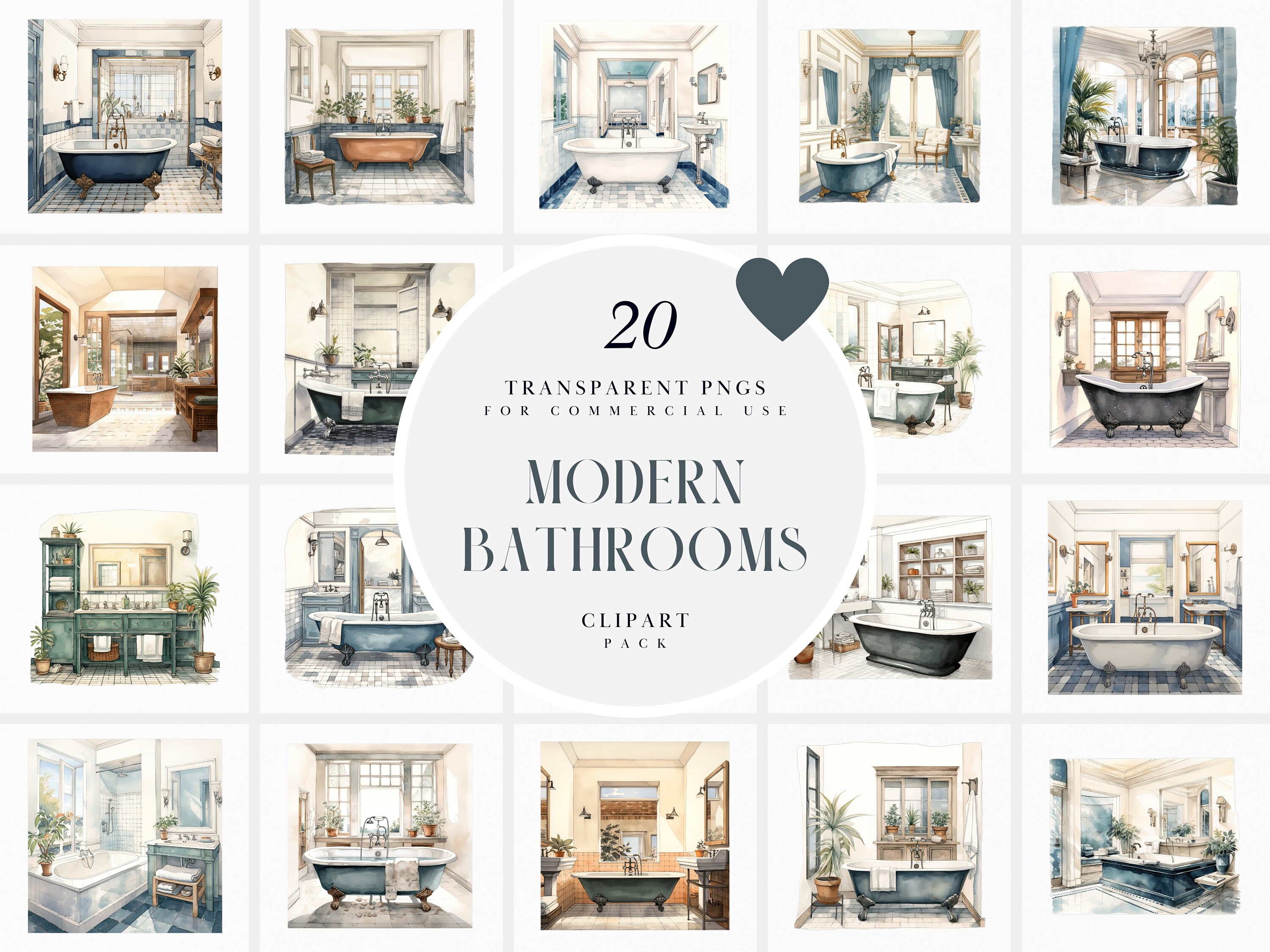 Watercolor Modern Bathroom Clipart, Sleek Bathroom Clipart, Home Clean ...